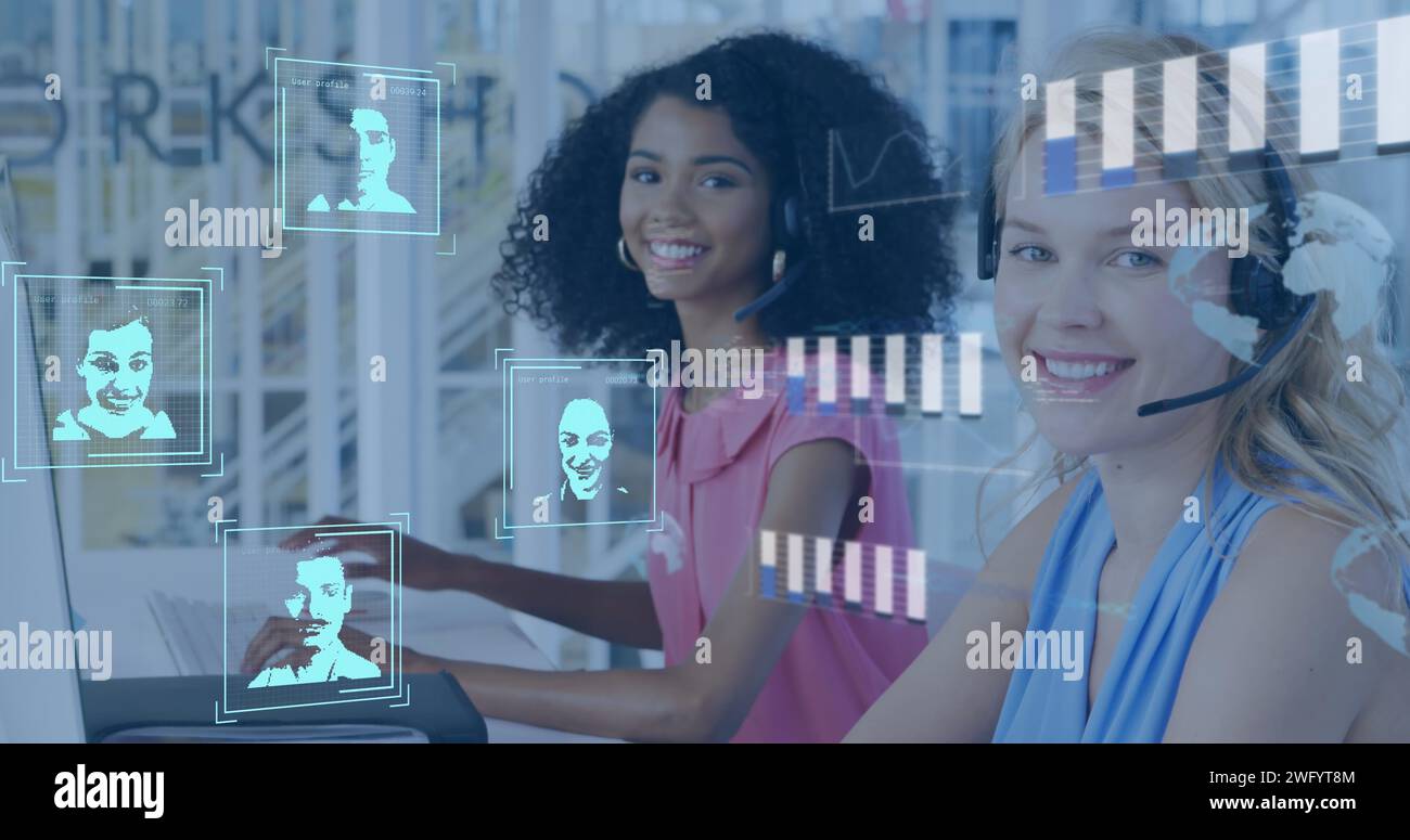 Image of biometric photos and data over diverse business people in ...