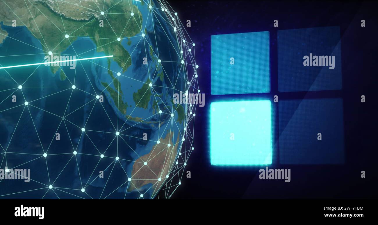 Image of network of connections with globe and loading squares ...