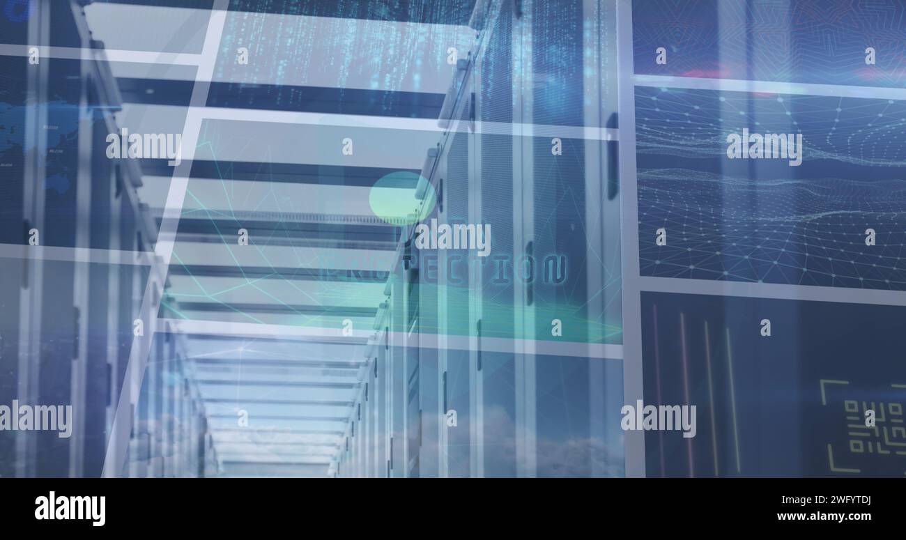 Image of digital screens over data processing and server room Stock ...