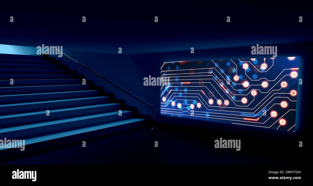 Image of screen with data processing in a room with stairs Stock Photo ...