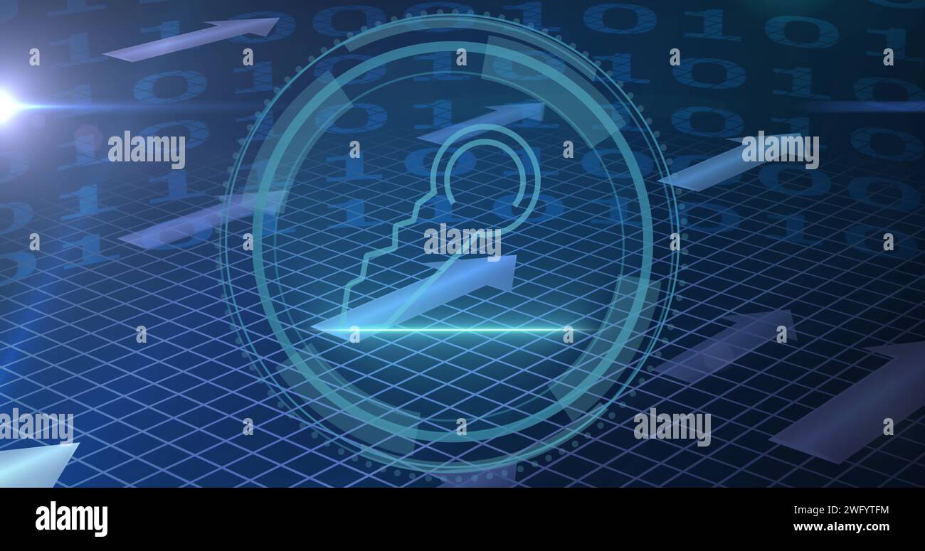 Image of data processing and key over blue background Stock Photo - Alamy