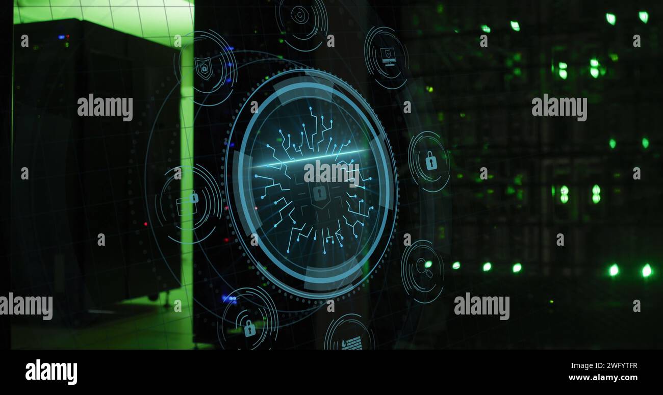 Image of data processing and padlock over server room Stock Photo - Alamy