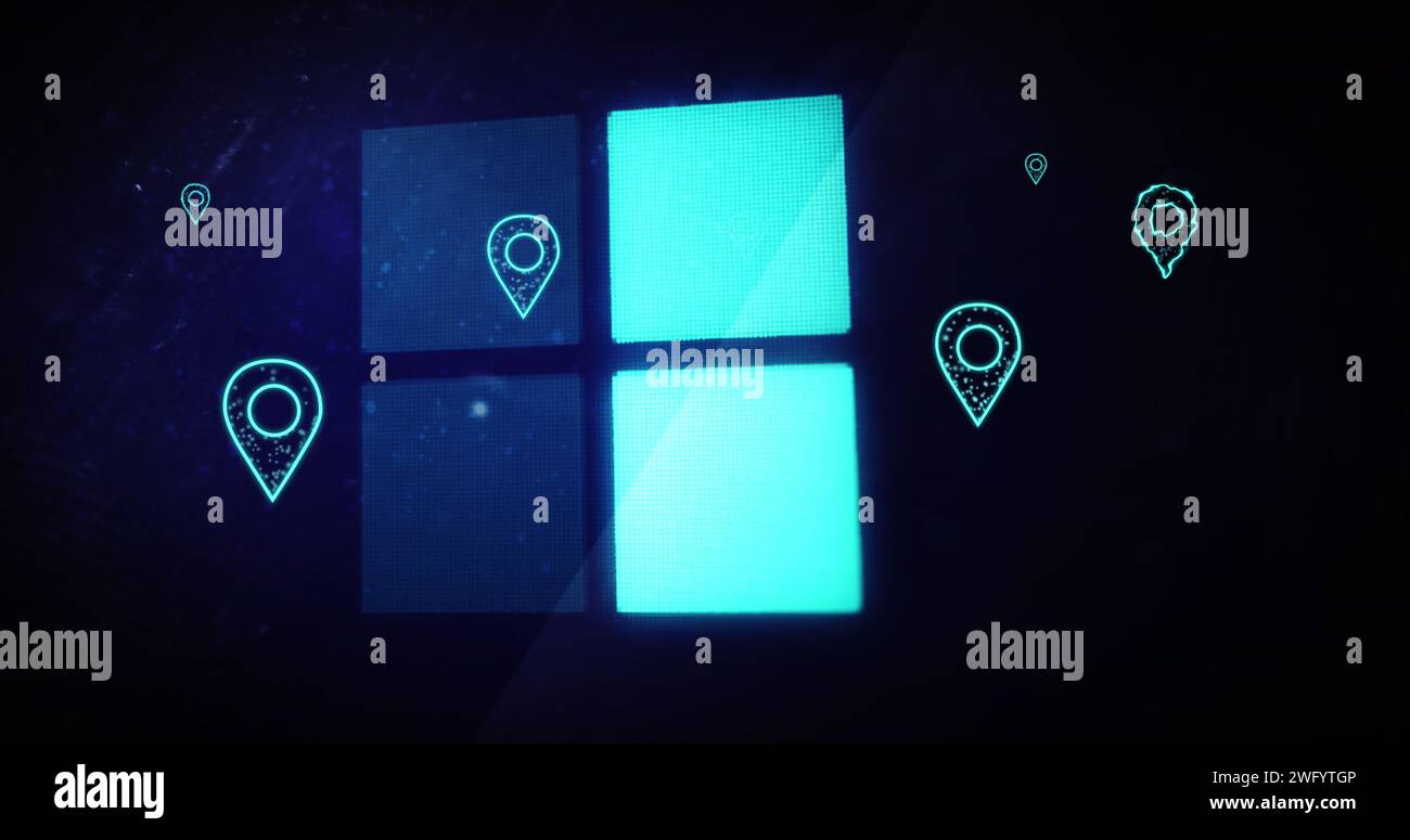 Image of location pins, loading squares with data processing over black ...