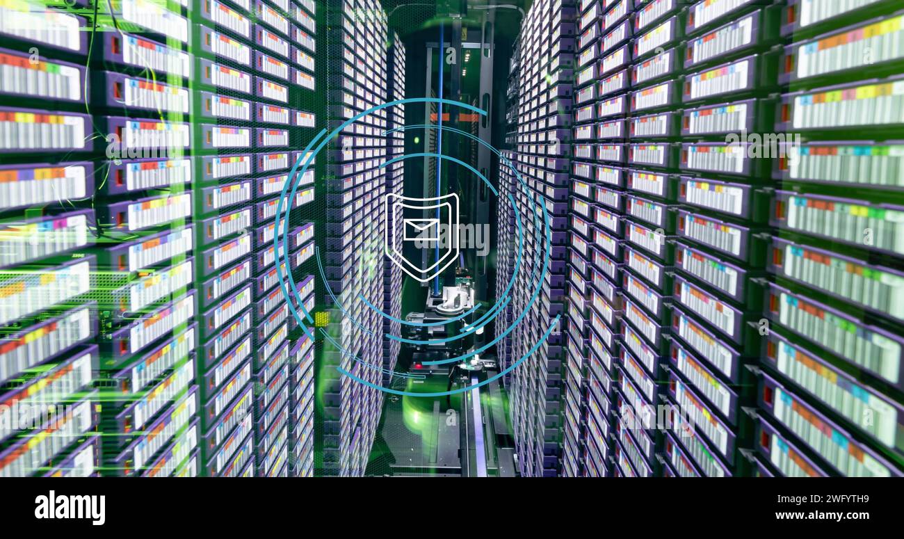 Image of data processing and shield over server room Stock Photo - Alamy