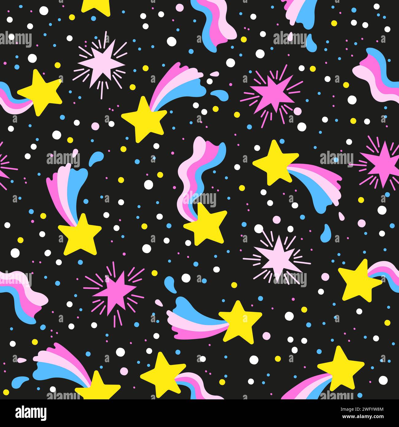 Hand drawn vector seamless pattern of neon stars and meteorites on ...