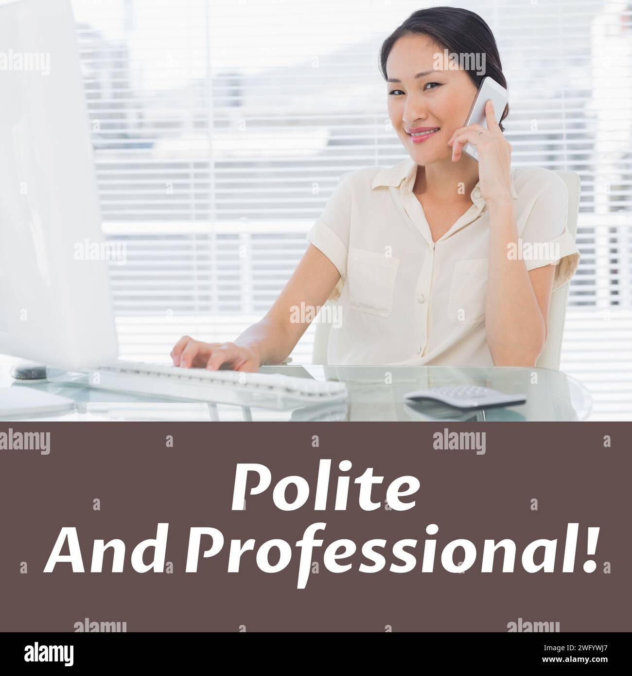 Composition of polite and professional text over asian businesswoman ...