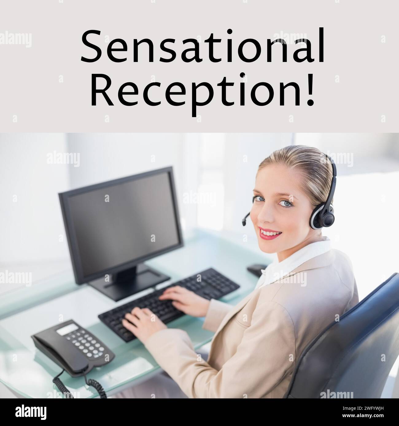 Composition of sensational reception text over caucasian businesswoman ...