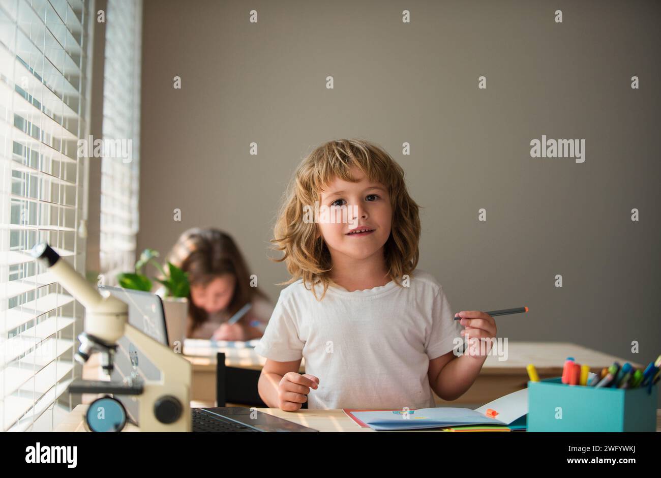 Cute pupil writing at desk in classroom at the elementary school ...