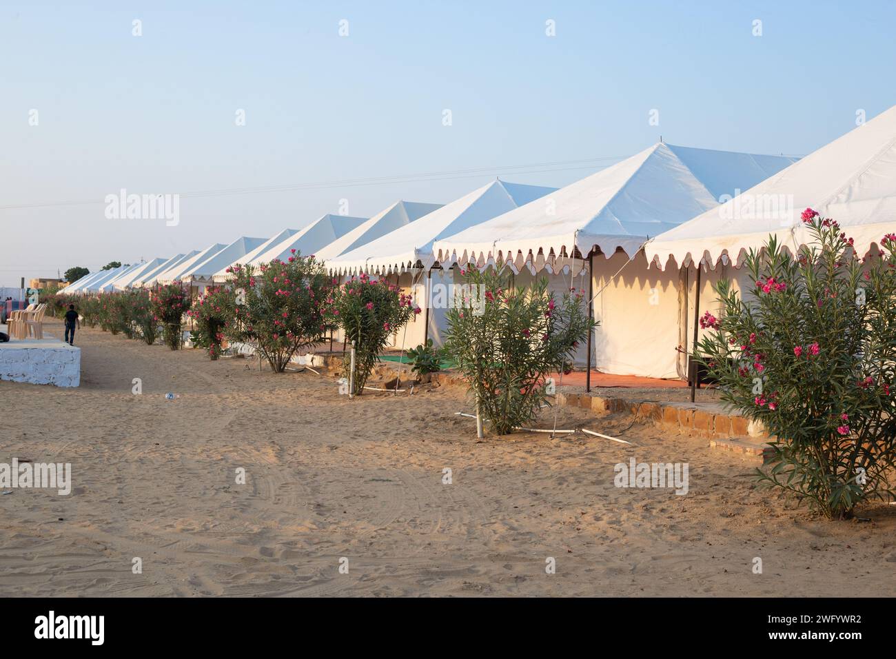 White desert camps on sand for tourists in Rajasthan beneath blue sky ...