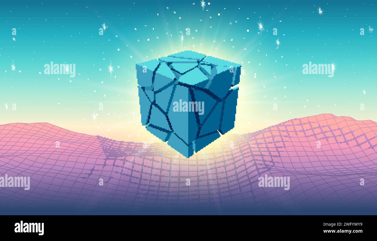 Mint blue 3D cube with cracks and particles soaring over the pink ...