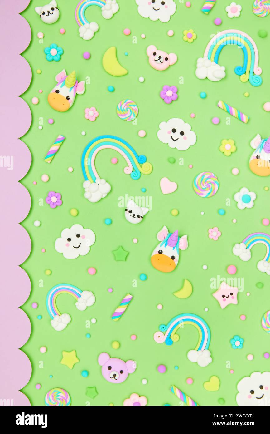 pastel green kawaii flyer background with cute cartoon animals ...