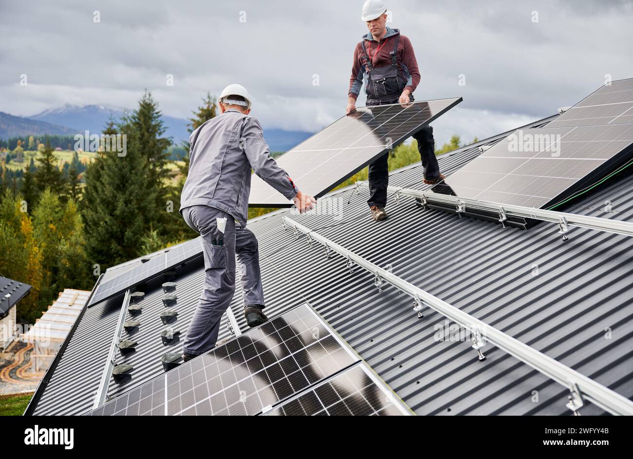 Professional technicians carrying solar PV battery. Engineers ...