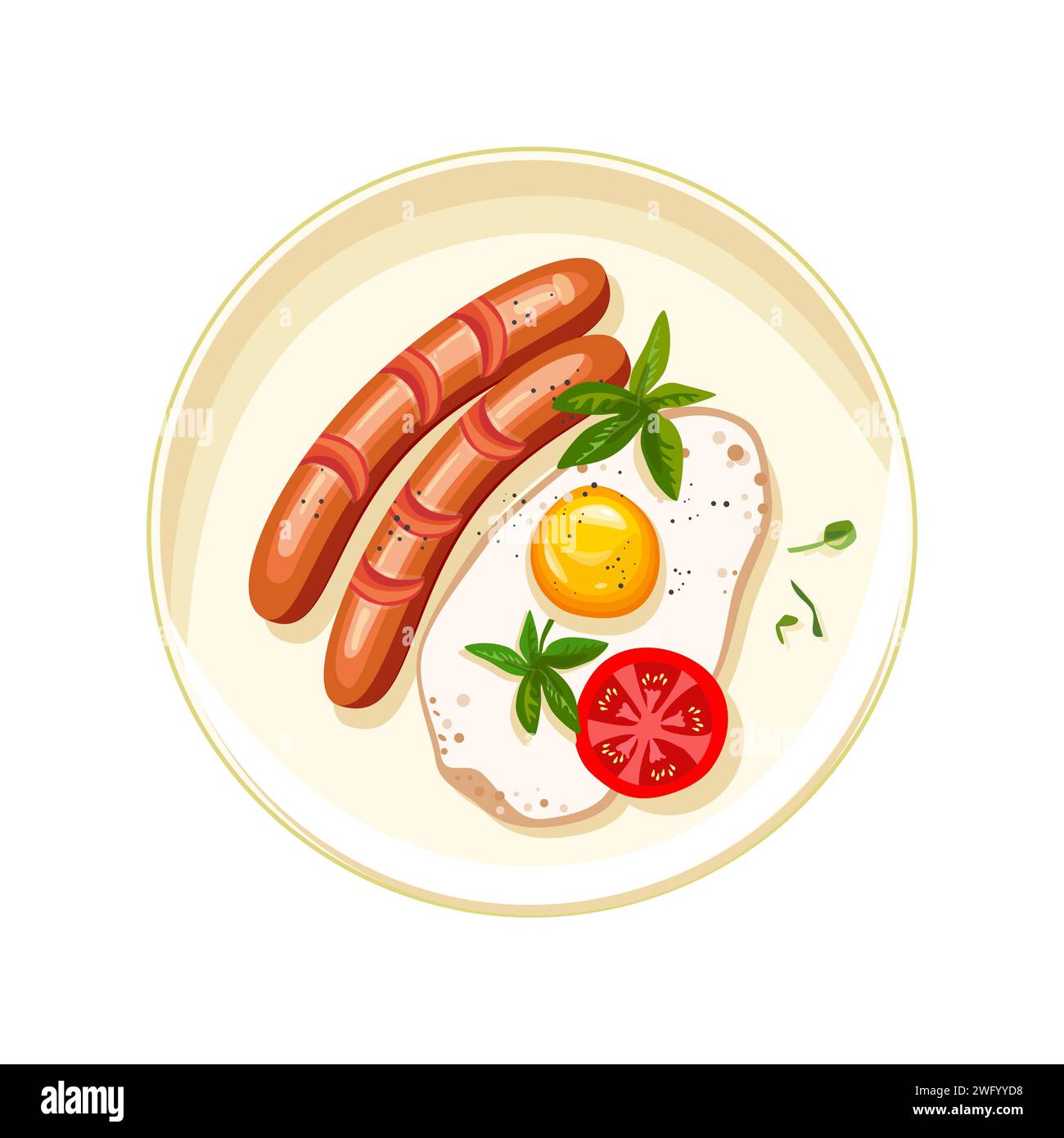 Scrambled eggs and sausages on a plate. Fried tomato slice with herbs and egg. Healthy breakfast ...