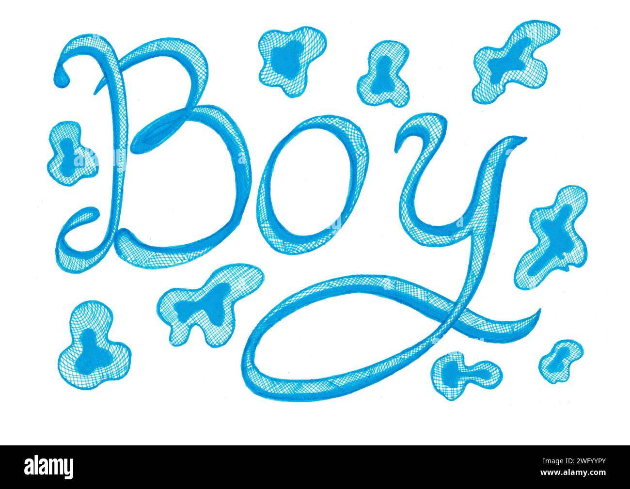 Lettering Boy in blue on a white background. There are blue decorative ...