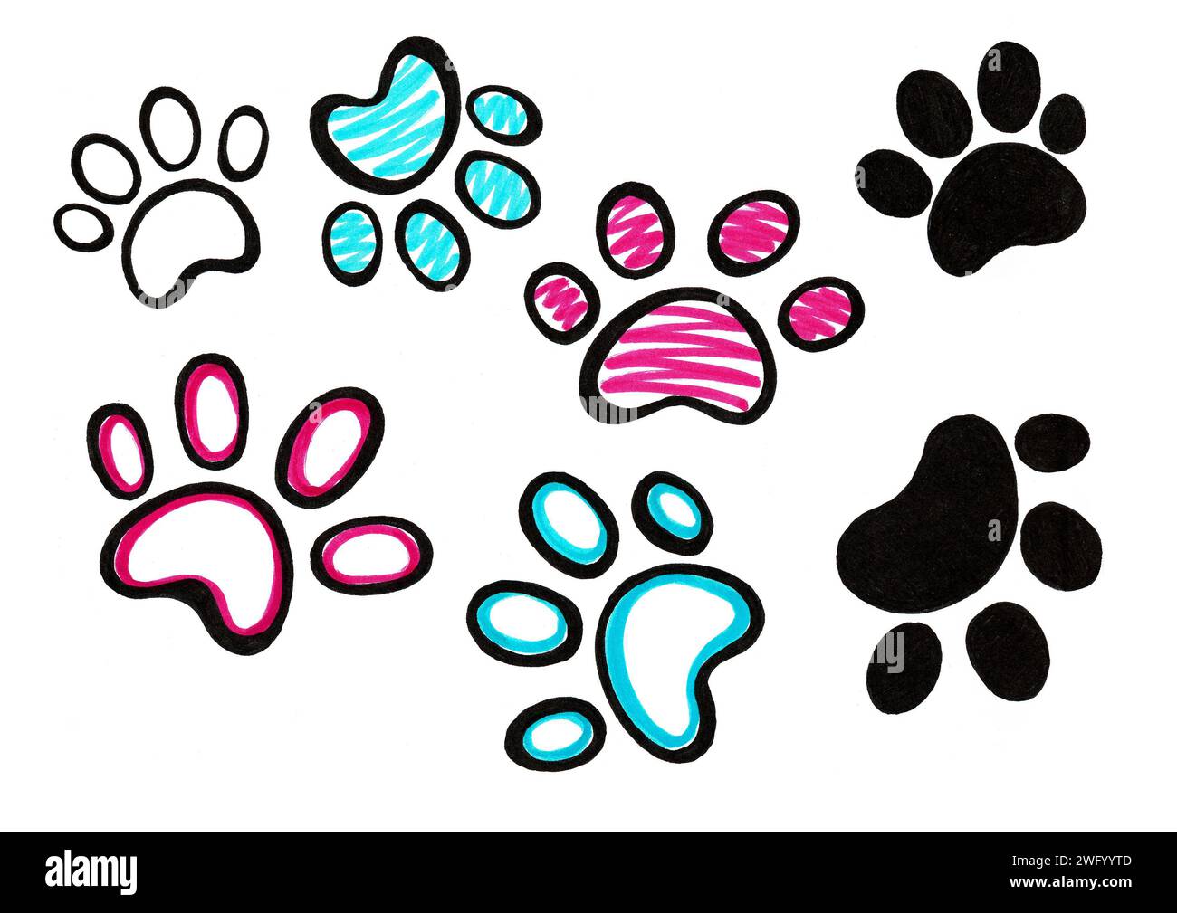 Set of pet paw prints. Isolated on white background. Different shapes ...
