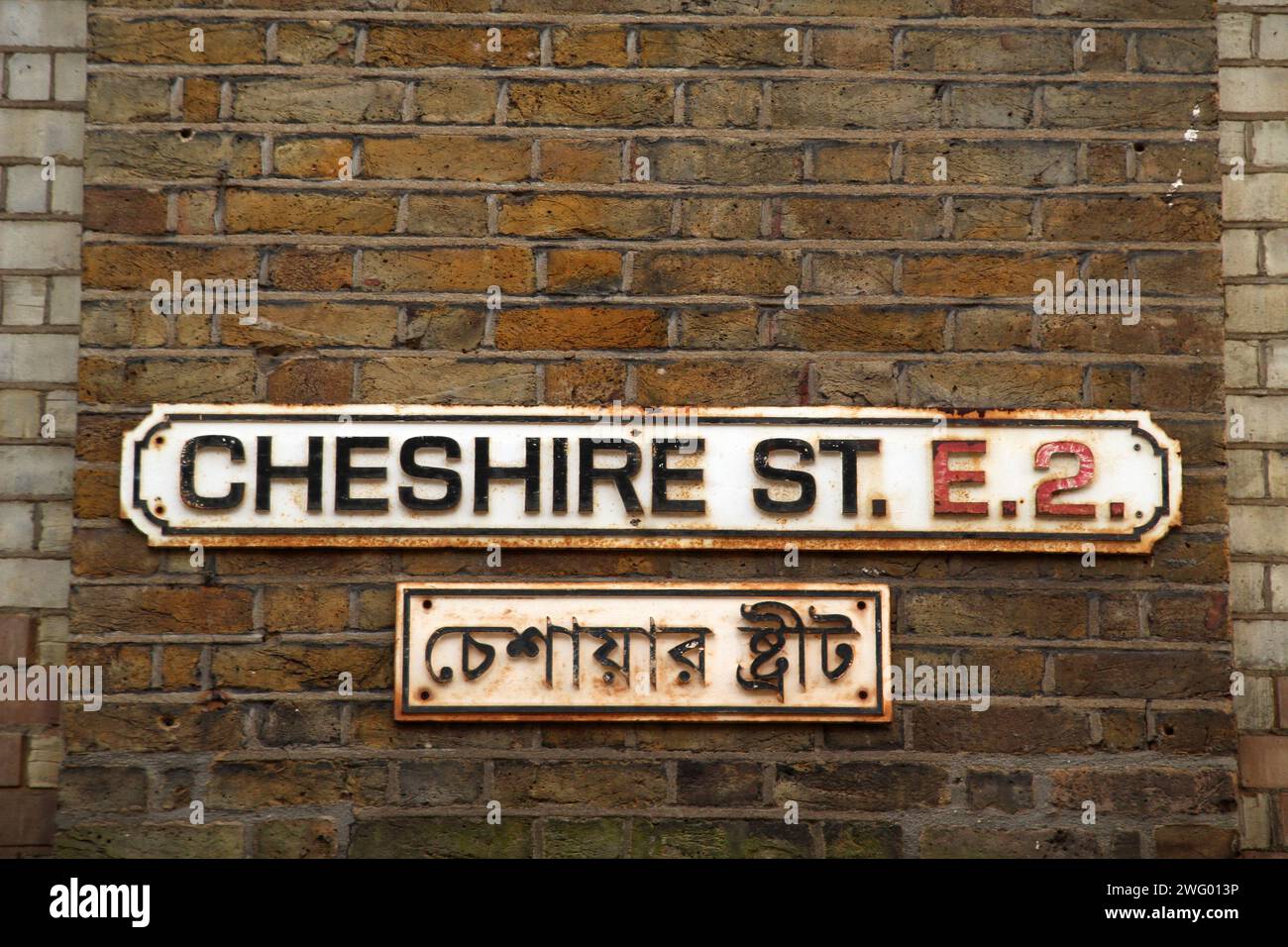 A vintage sign hanging on a brick building on a street in Shoreditch ...