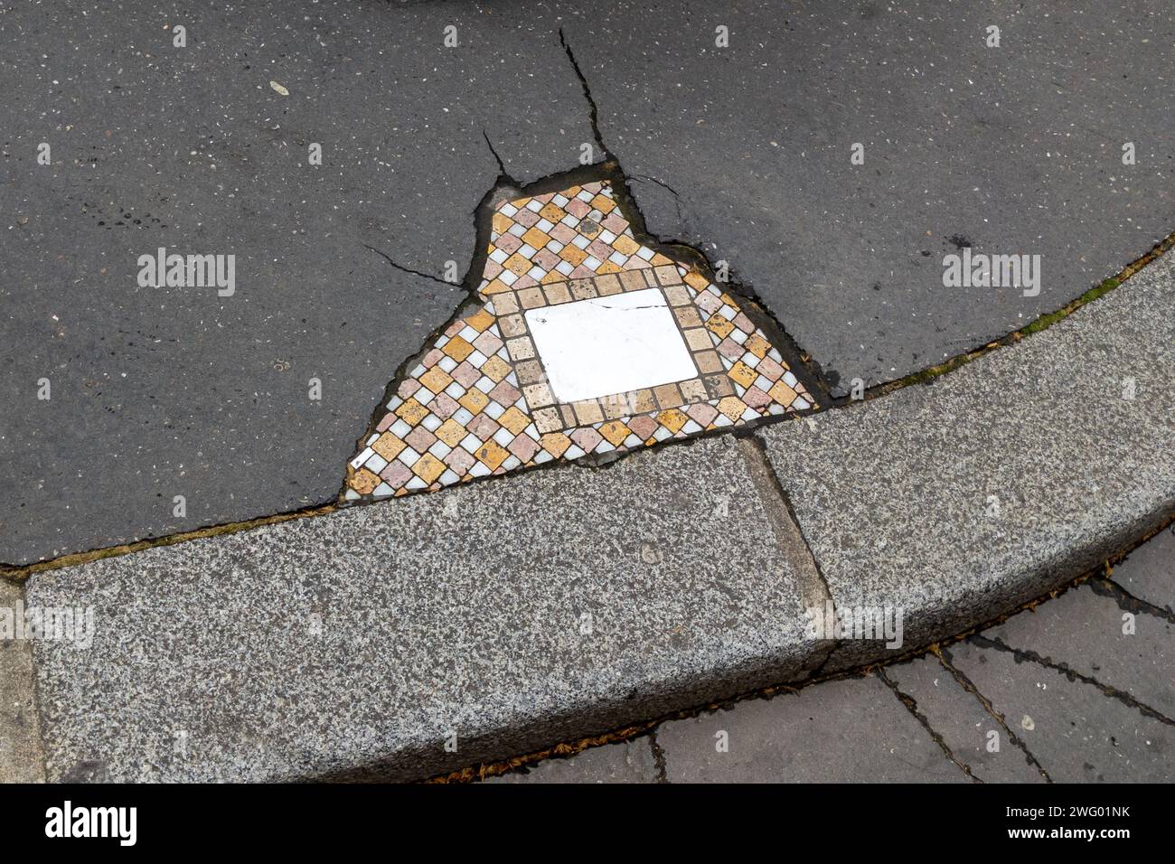 damaged street floor restored urban road sidewalk filled with tiles by ...