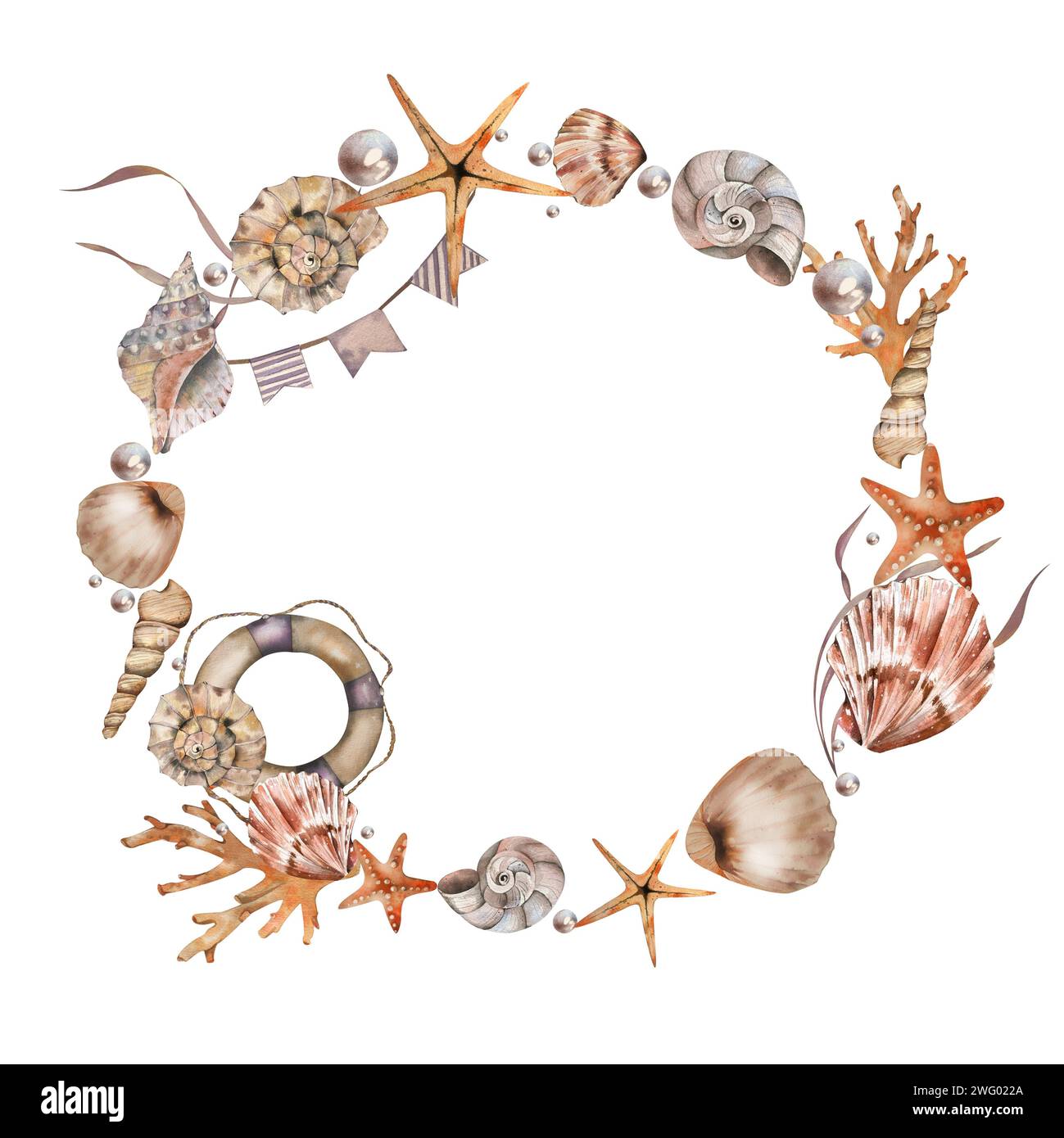 frame is a wreath on a marine theme. shells, corals, starfish, algae ...