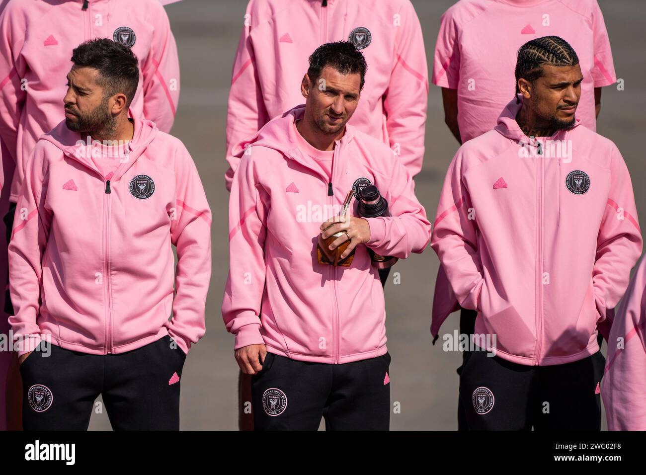 Inter Miami's Argentine forward Lionel Messi, center, poses for photos ...