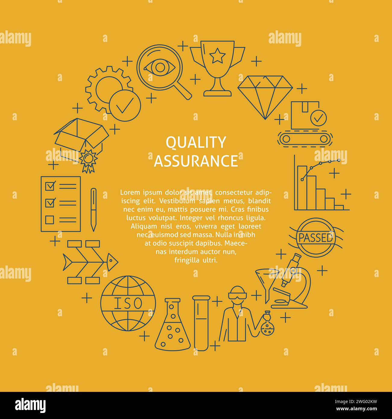 Quality control and assurance round banner in line style with place for ...