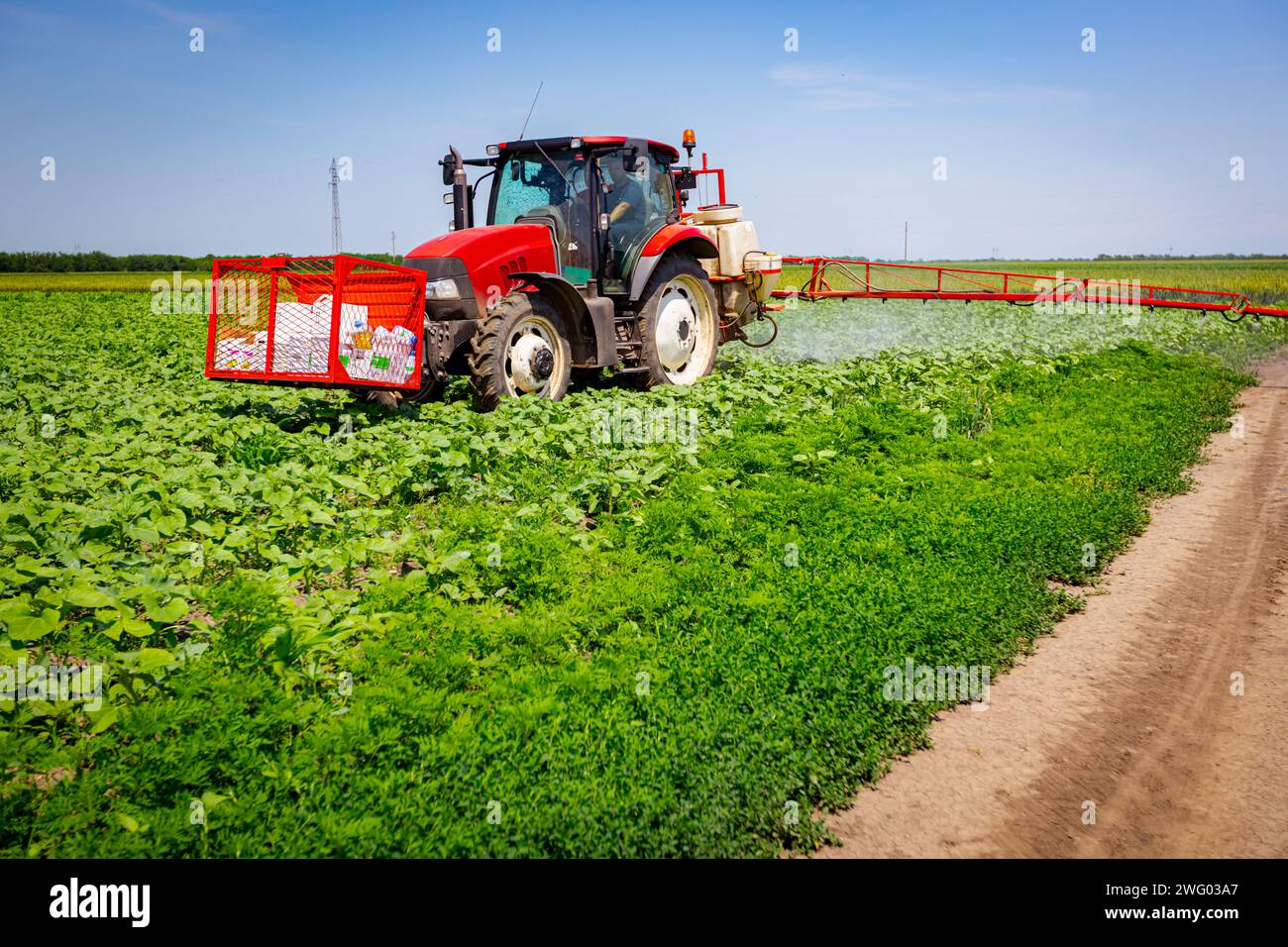 Low angle view, tractor is spraying big endless farmland of young ...