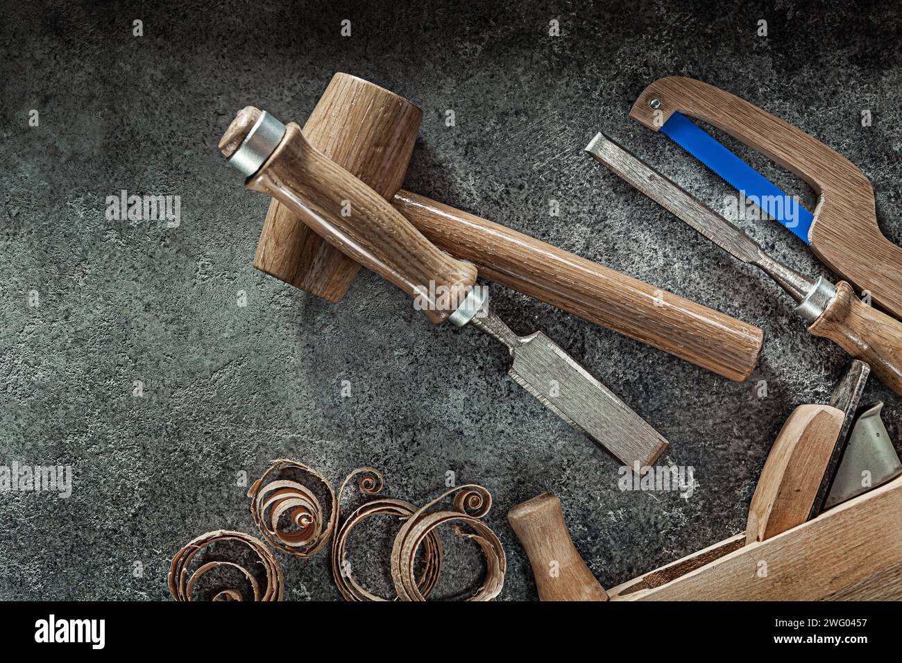 Set Of Classic Woodworkers Tools On gray Background Stock Photo - Alamy