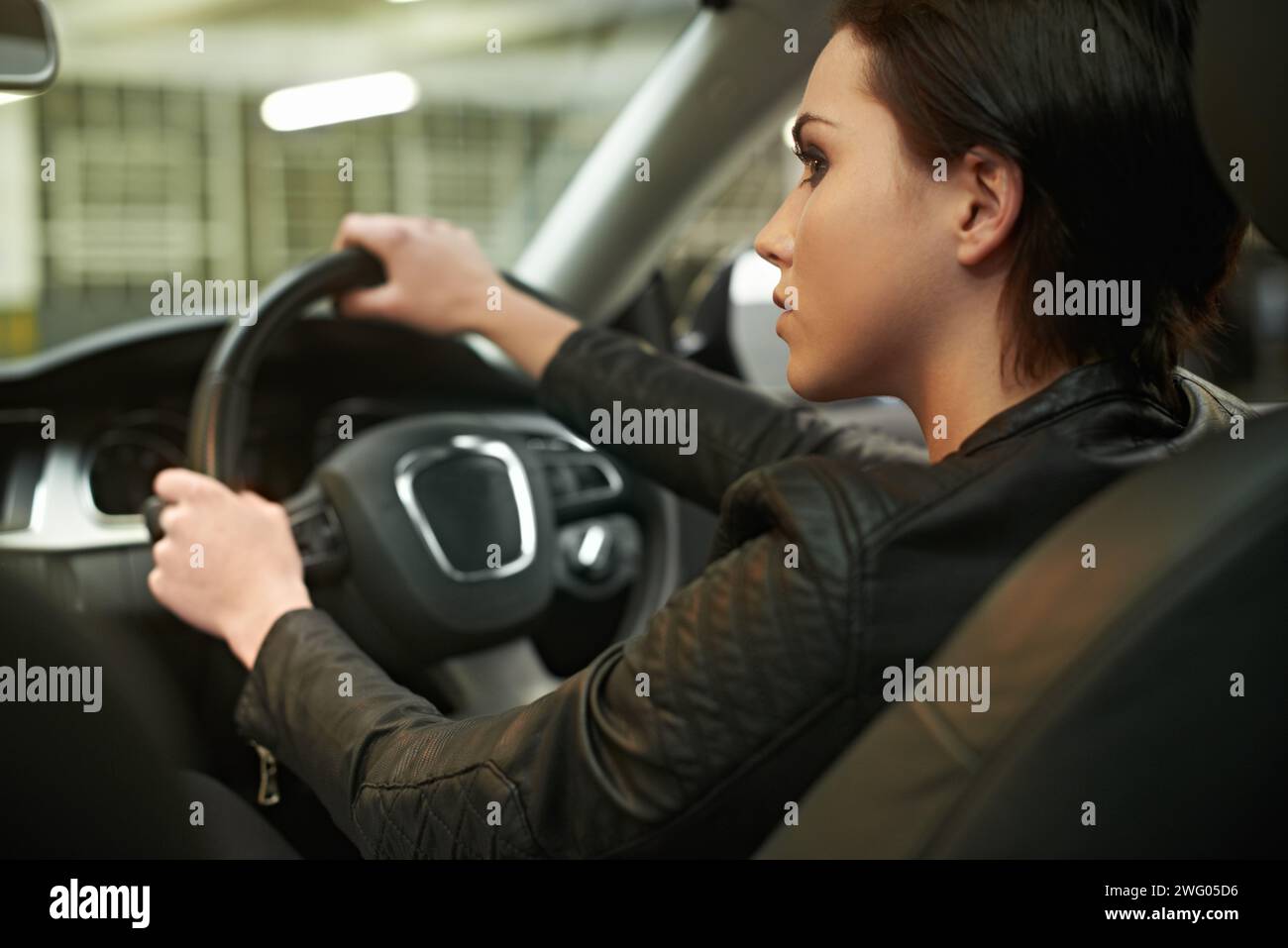 Woman, car and thinking while driving for a roadtrip journey in a ...