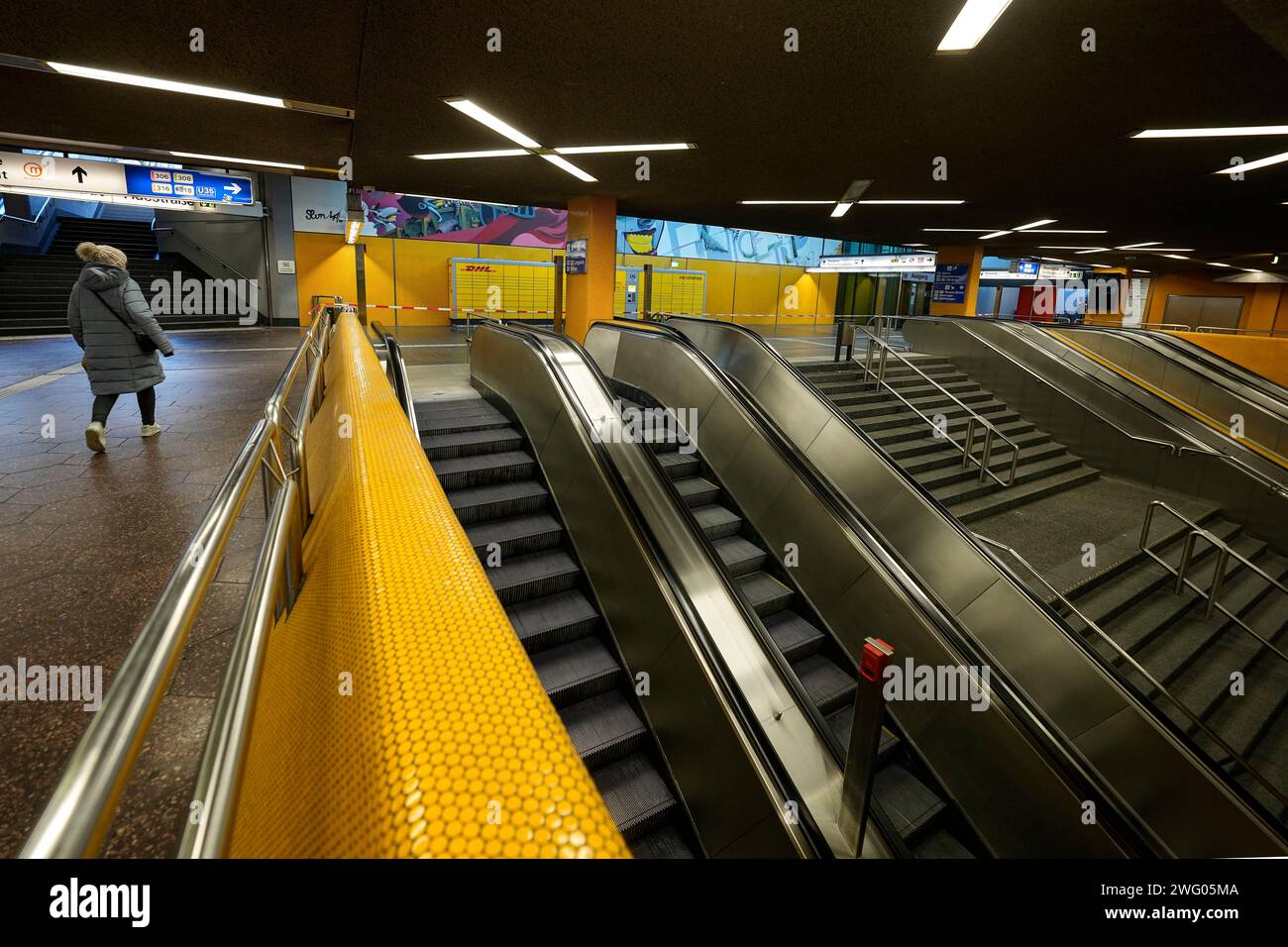 Escalators are closed at a subway station in Bochum, Germany, Friday, Feb. 2, 2024, as employees ...
