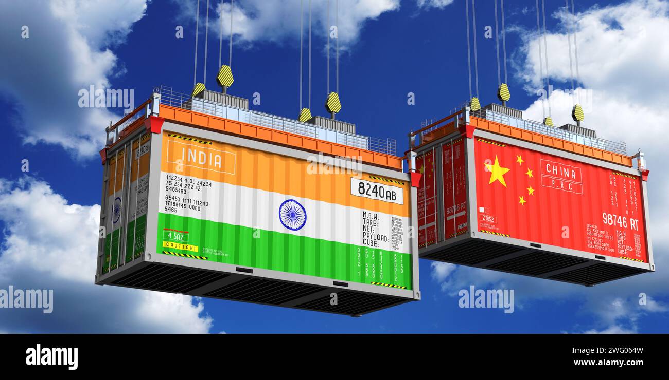 Shipping containers with flags of India and China - 3D illustration ...