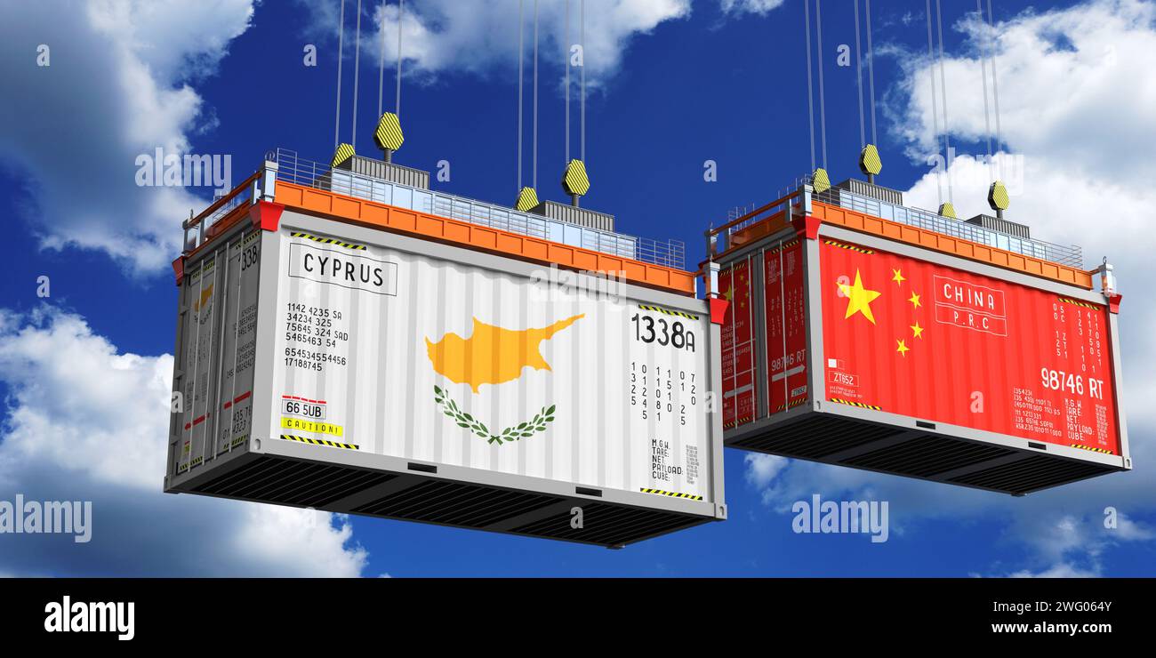 Shipping containers with flags of Cyprus and China - 3D illustration ...