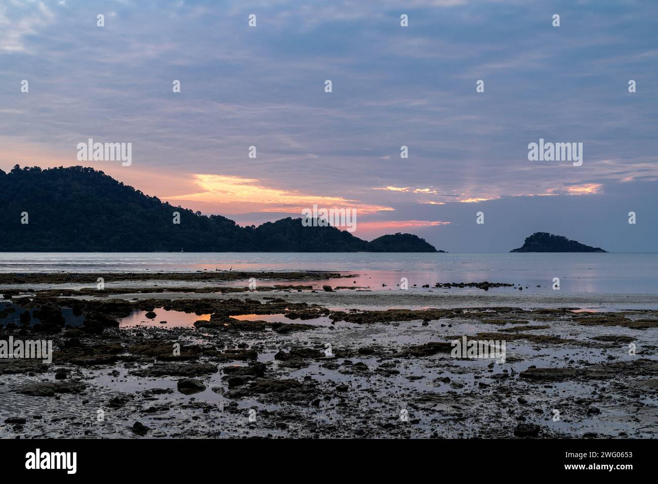 Landscape view of a beach at Koh Chang island in Thailand during sunset ...