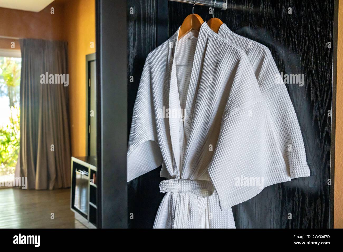 Two bathrobes hanging on a hook outside of the bathroom inside the ...