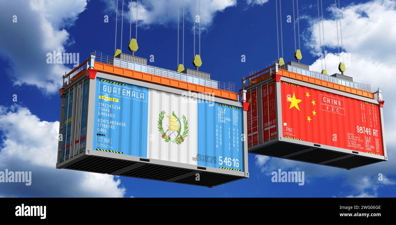 Shipping containers with flags of Guatemala and China - 3D illustration ...