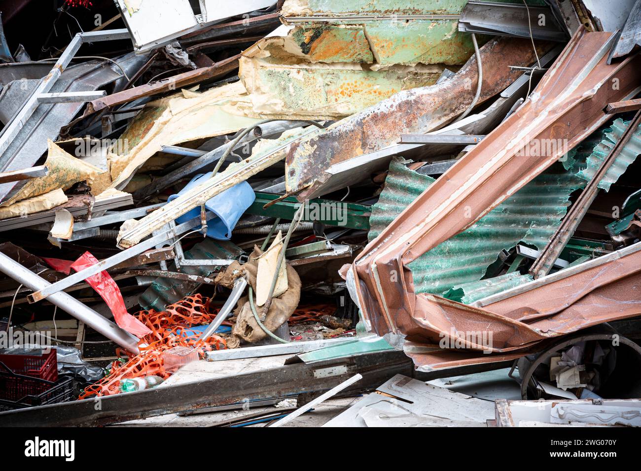 Closeup shot of construction debris pile following an urban building ...