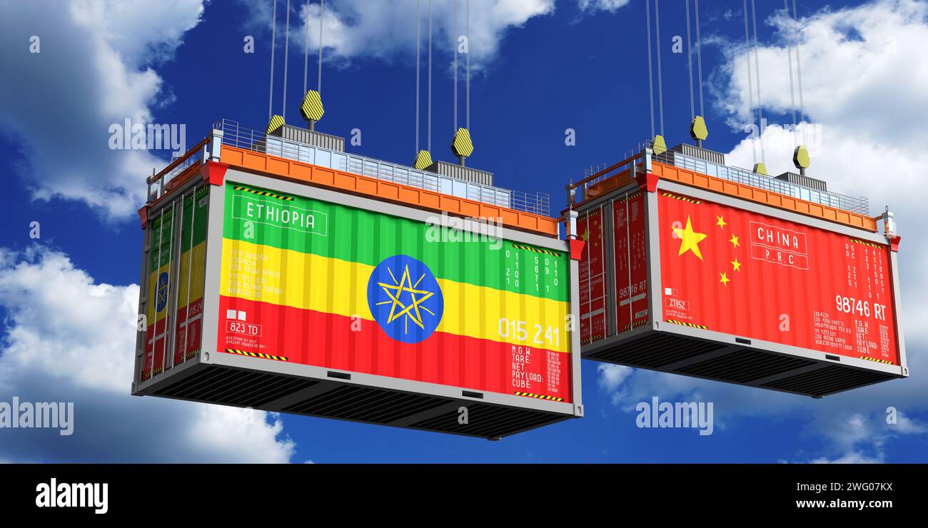 Shipping containers with flags of Ethiopia and China - 3D illustration Stock Photo - Alamy