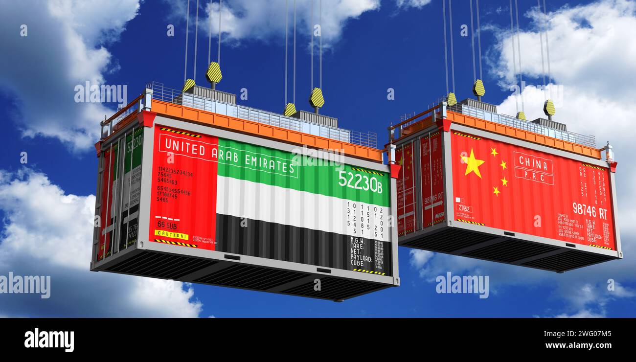 Shipping containers with flags of United Arab Emirates and China - 3D ...