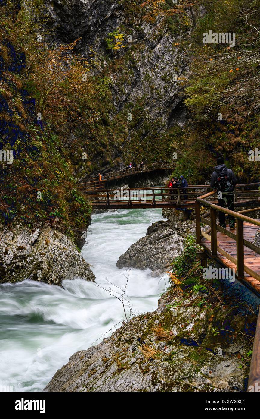 People walking on the wooden bridge across the raging river in Slovenia ...
