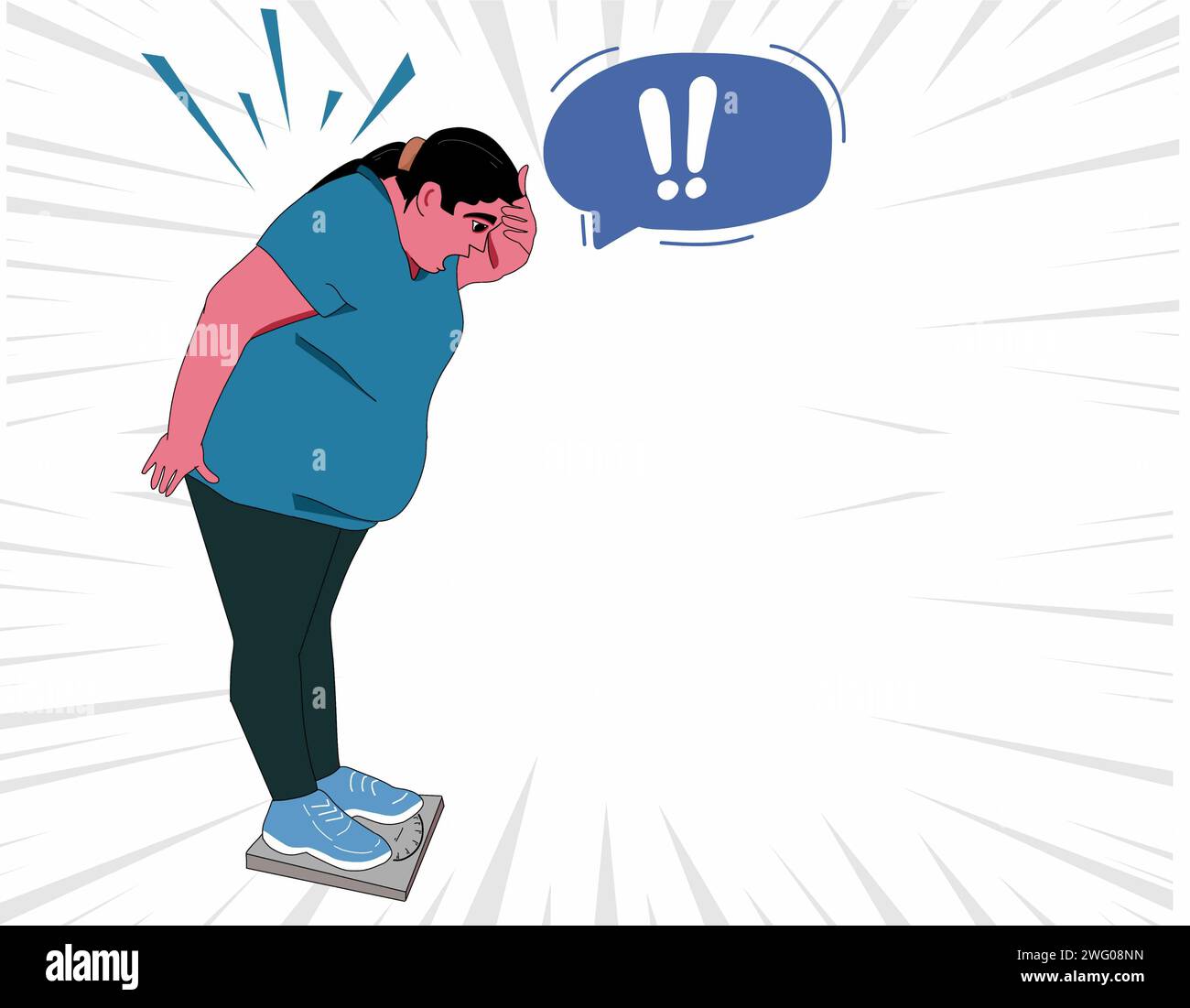 Unhappy stunned woman stand on scales shocked by weight on screen upset ...