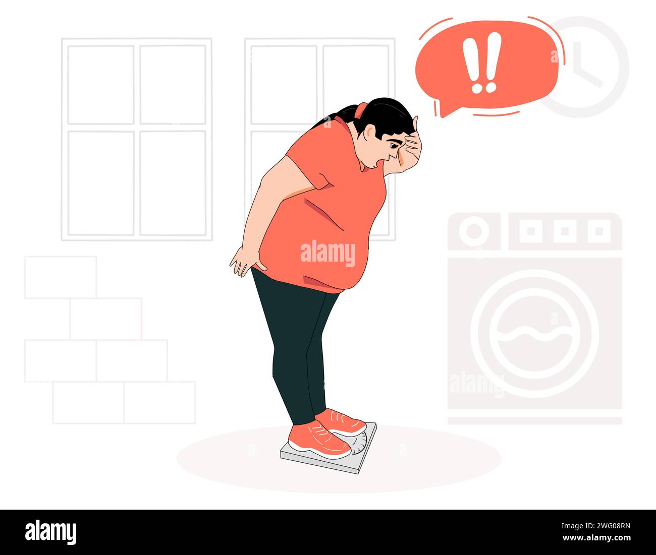 Unhappy stunned woman stand on scales shocked by weight on screen upset ...