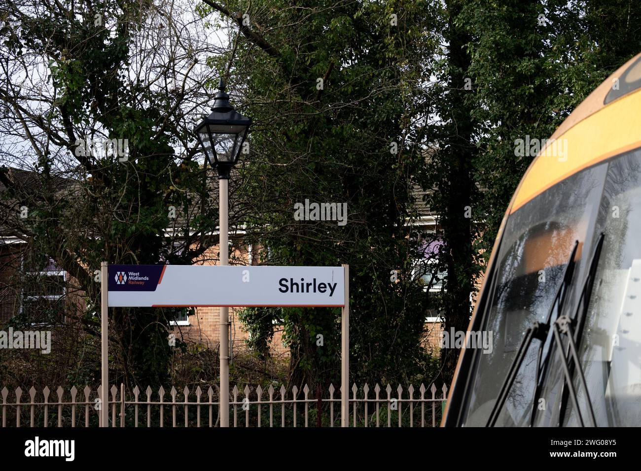 Shirley railway station sign, West Midlands, England, UK Stock Photo ...