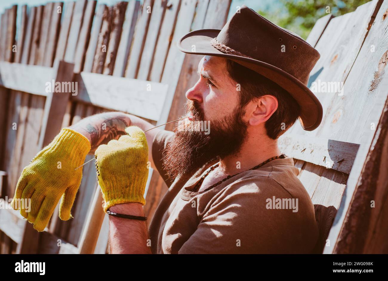Western cowboy portrait. Bearded man gardener in an urban garden. Rural ...