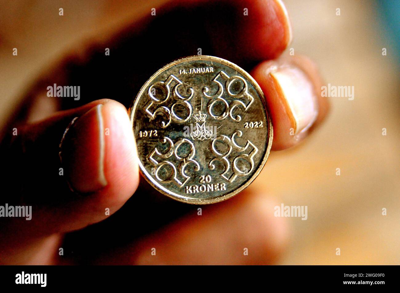 Copenhagen, Denmark /02 February 2024/. Danish 20 kroner coin H.M.The ...