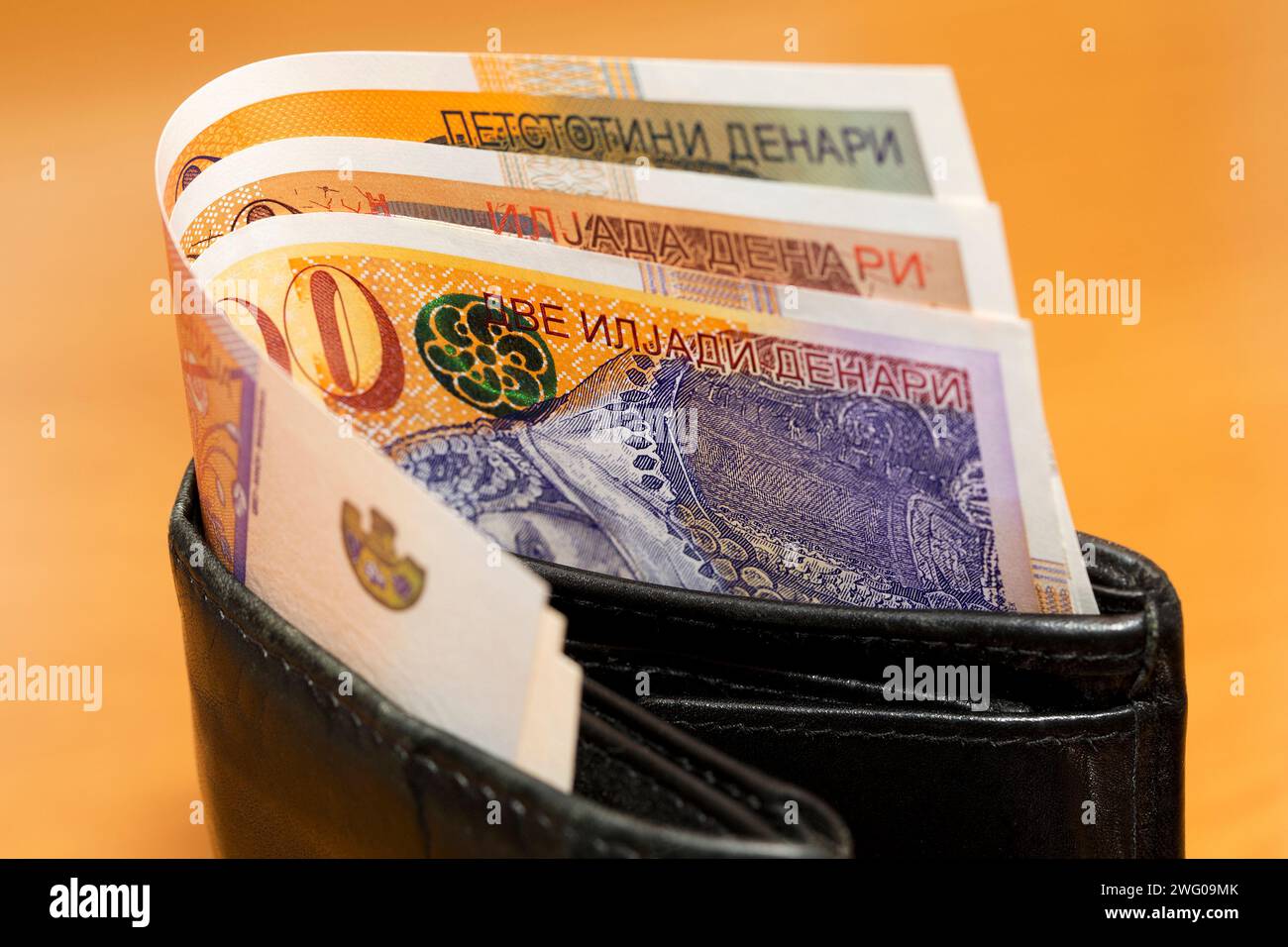 Macedonian money - denar in the black wallet Stock Photo - Alamy