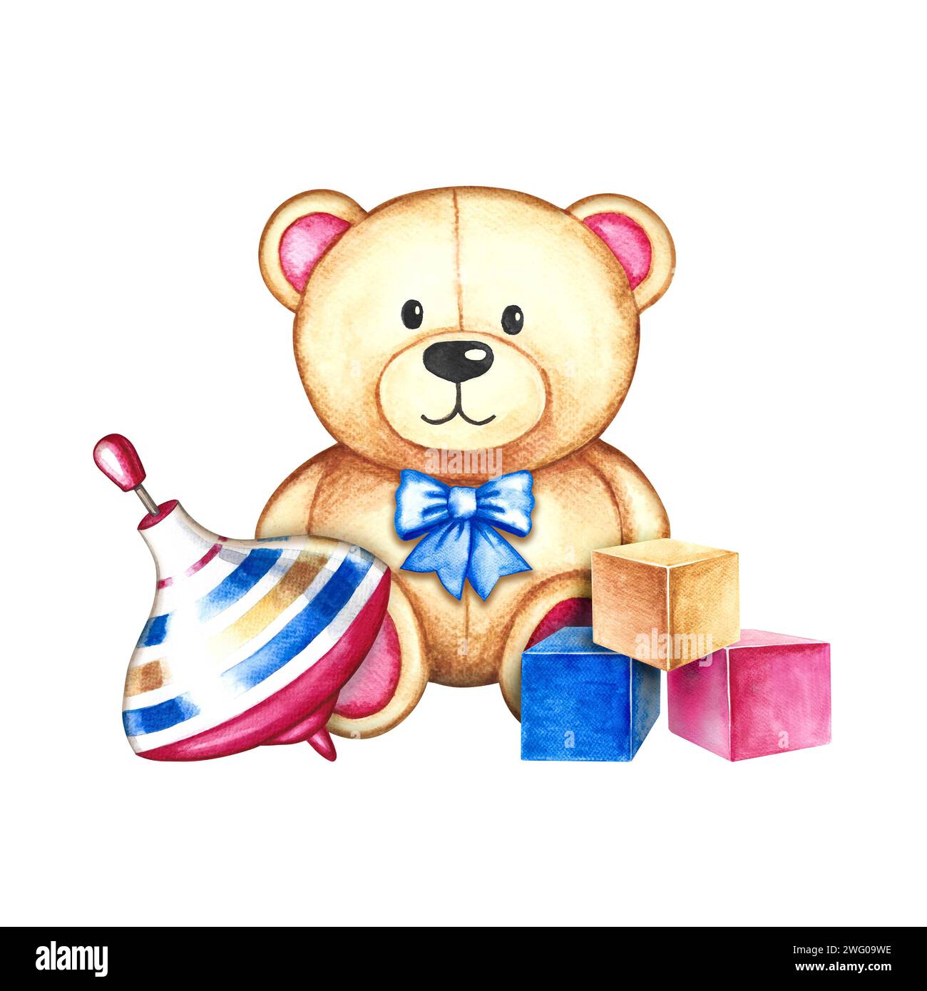 Children's toys, a teddy bear, a spinning top and cubes. Handmade ...