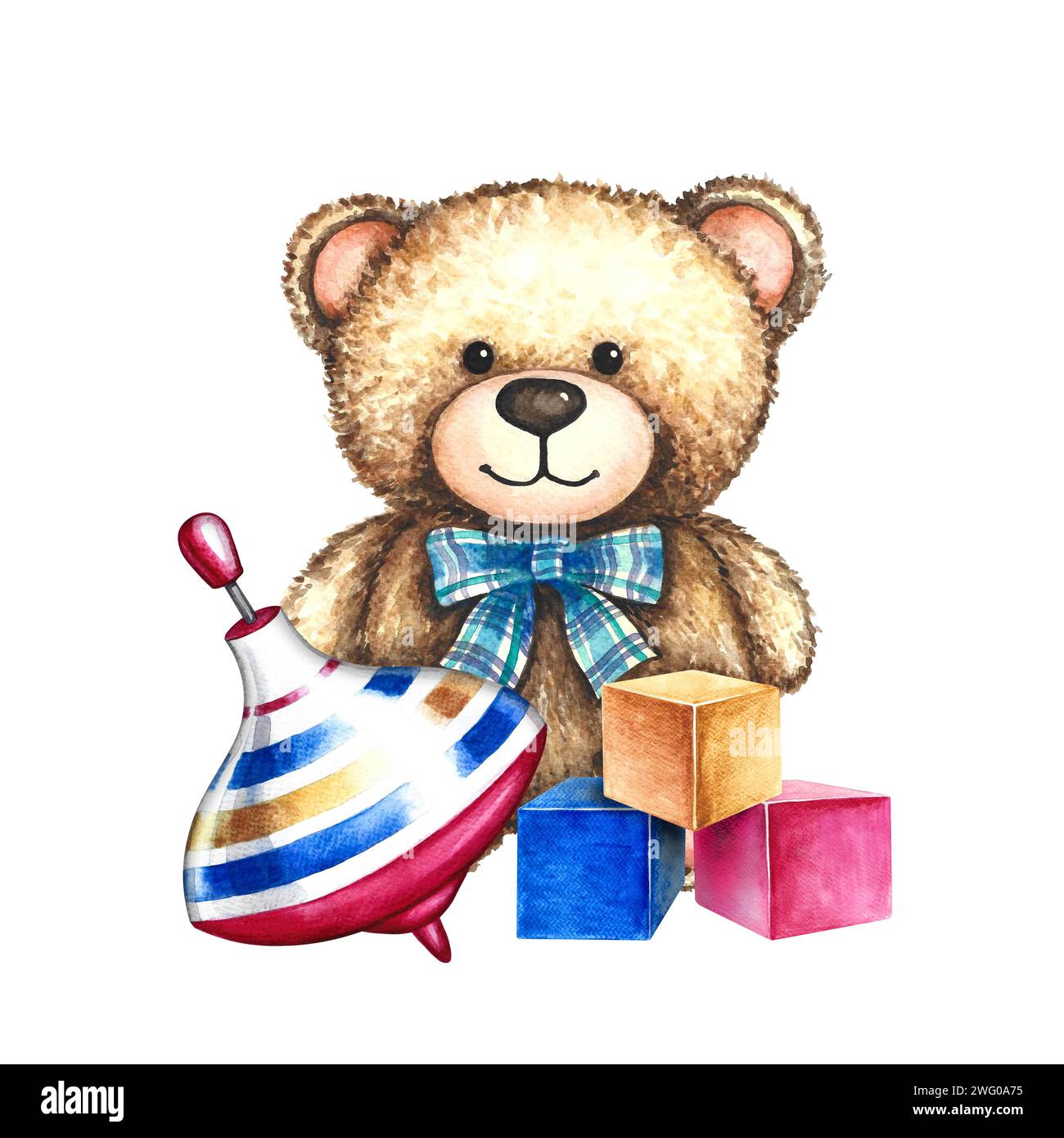 Children's toys, a teddy bear, a spinning top and cubes. Handmade ...