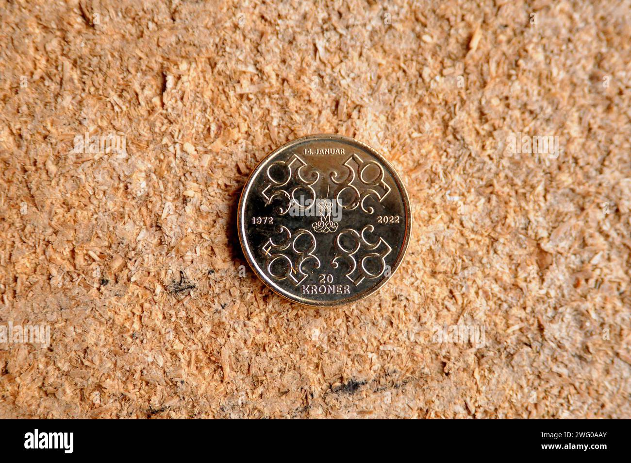 Copenhagen, Denmark /02 February 2024/. Danish 20 kroner coin H.M.The ...