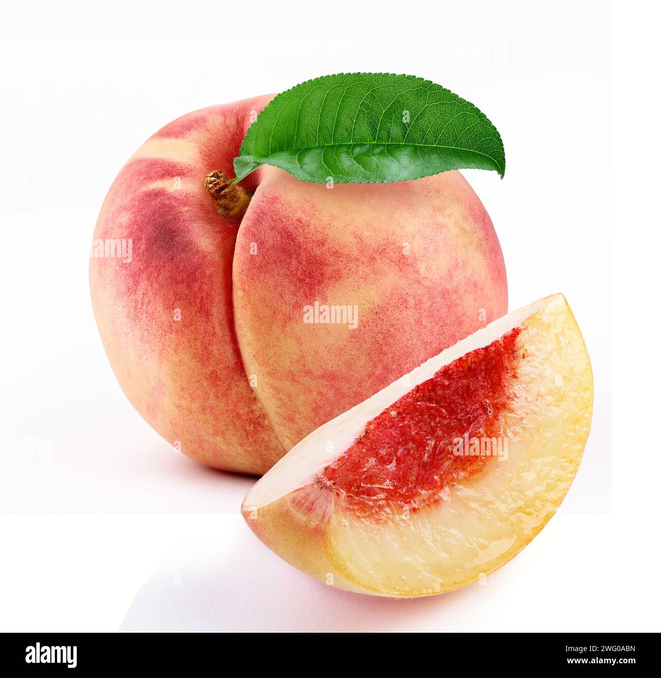 ripe peach with slice and leaf isolated white background Stock Photo ...