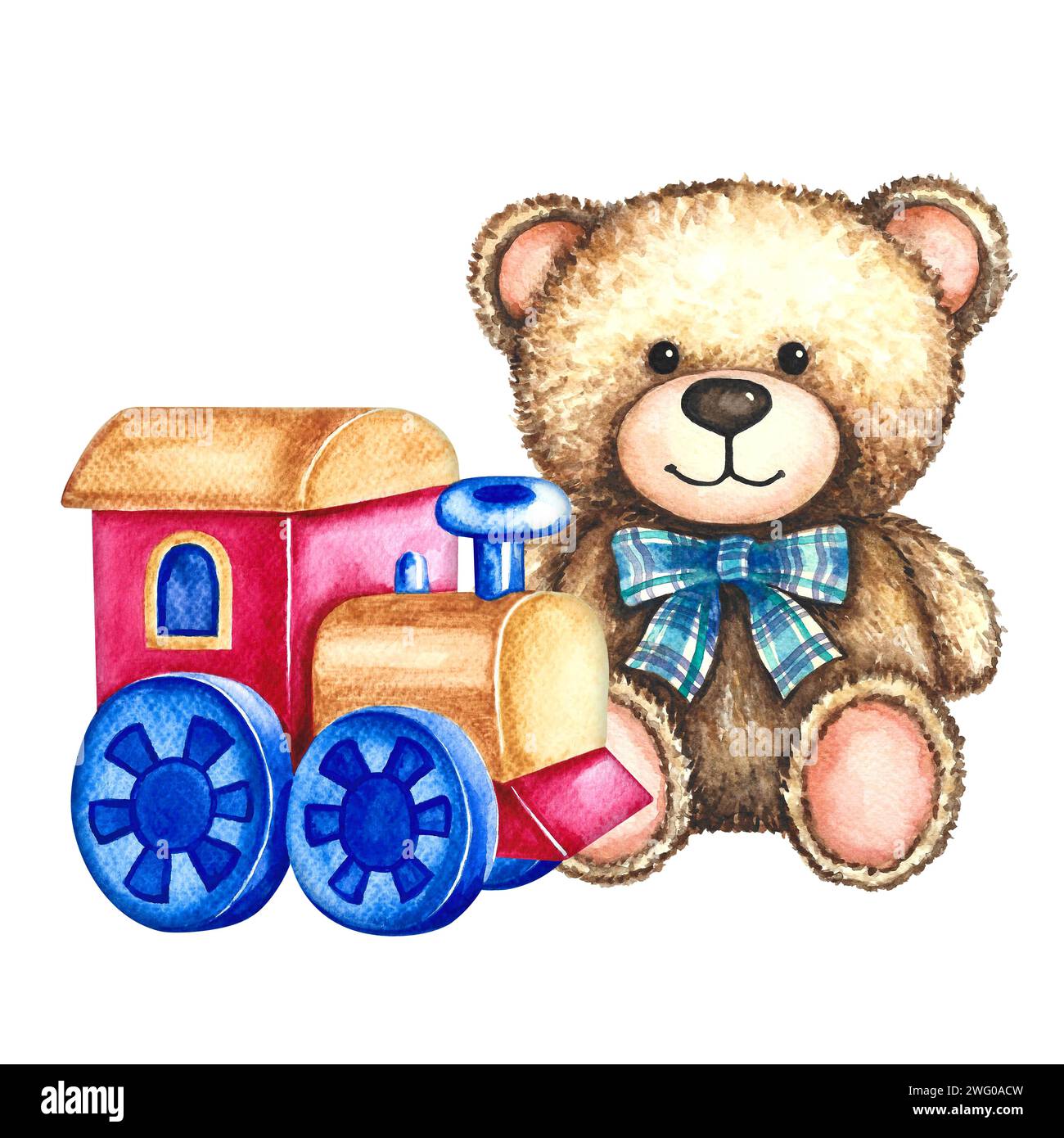 A cute teddy bear with a toy train. Handmade watercolor illustration ...