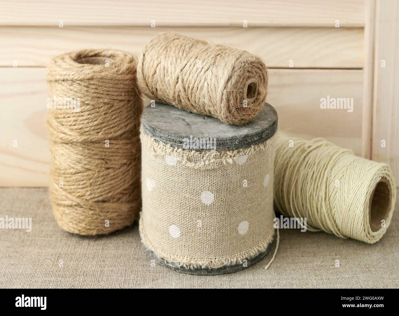 Jute strings and linen ribbon. Hobby time Stock Photo - Alamy