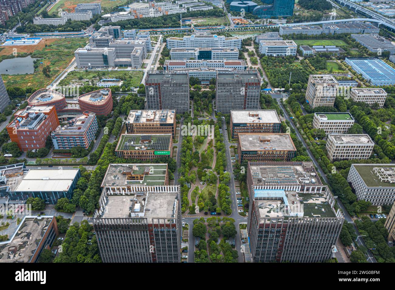 Wuhan Optics Valley Industrial Park. The low modern buildings are ...